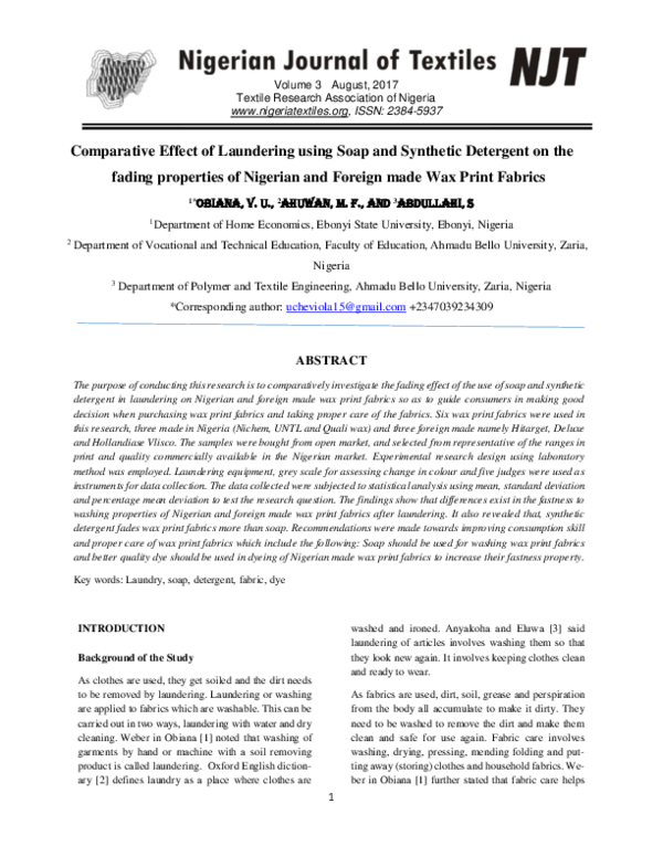(PDF) Comparative Effect of Laundering using Soap and Synthetic Detergent on the fading ...