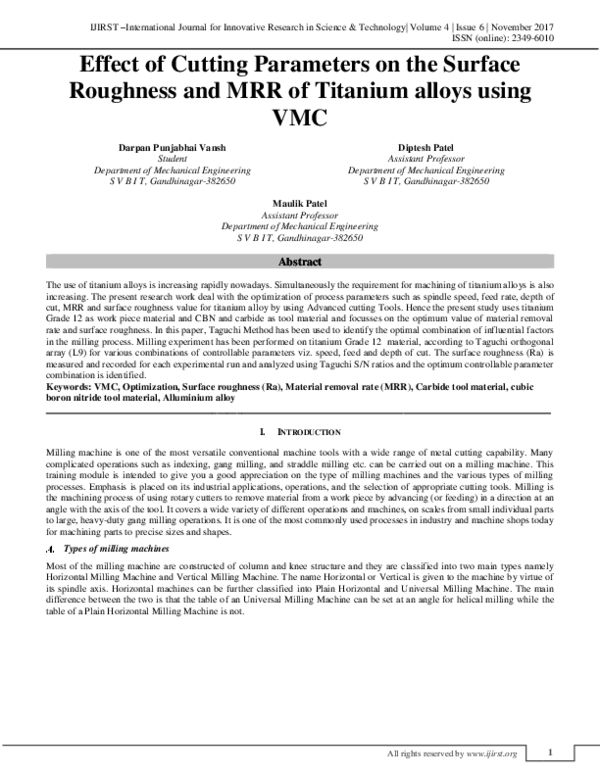 Pdf Effect Of Cutting Parameters On The Surface Roughness And Mrr Of