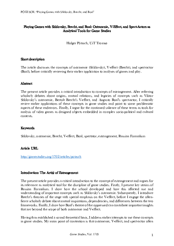 (PDF) Playing Games with Shklovsky, Brecht, and Boal: Ostranenie, V ...