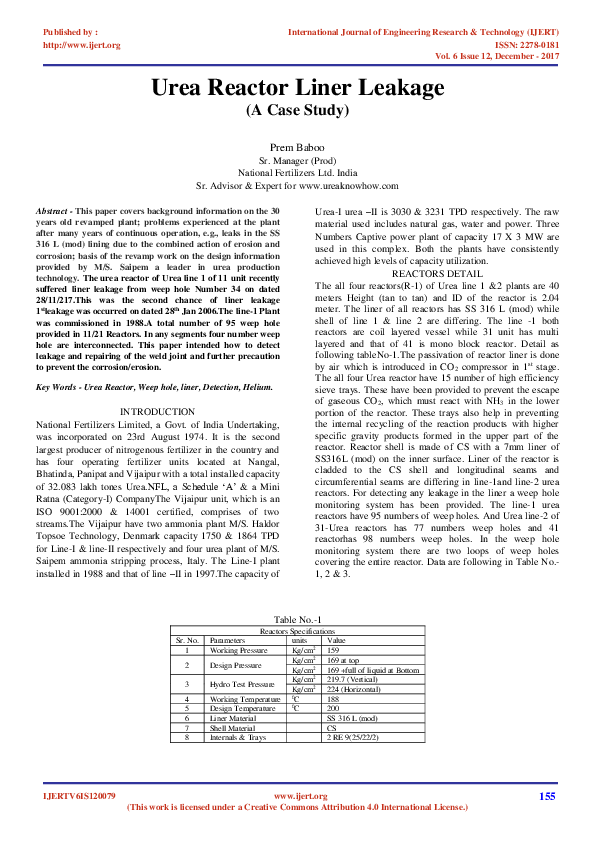 (PDF) Urea Reactor Liner Leakage (A Case Study)
