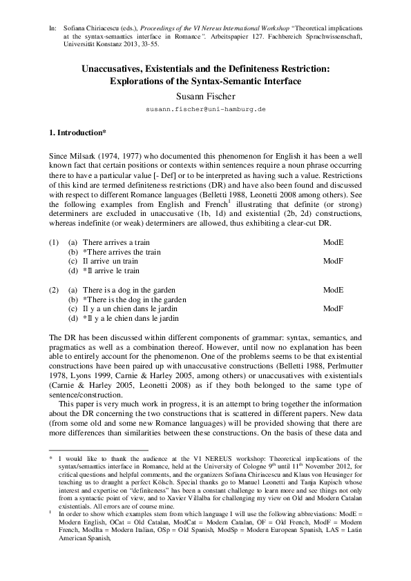 (PDF) Unaccusatives, Existentials and the Definiteness Restriction: Explorations of the Syntax ...