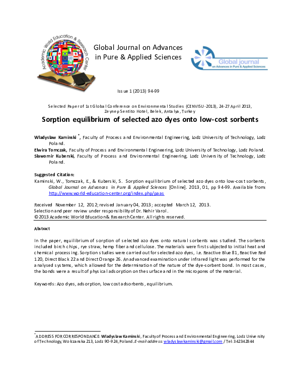 (PDF) Sorption equilibrium of selected azo dyes onto low-cost sorbents