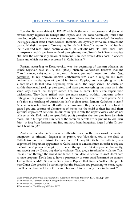 (DOC) DOSTOYEVSKY ON PAPISM AND SOCIALISM