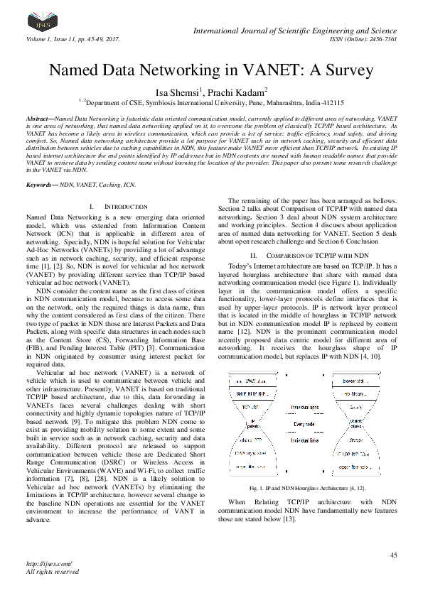 Pdf Named Data Networking In Vanet A Survey Ijses Editor