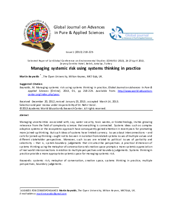 (PDF) Managing systemic risk using systems thinking in practice