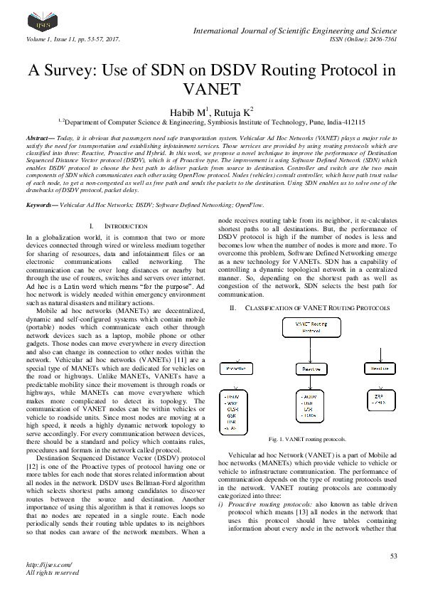 (PDF) A Survey: Use of SDN on DSDV Routing Protocol in VANET
