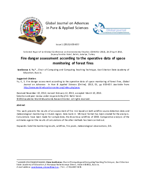 Pdf Fire Danger Assessment According To The Operative Data Of Space