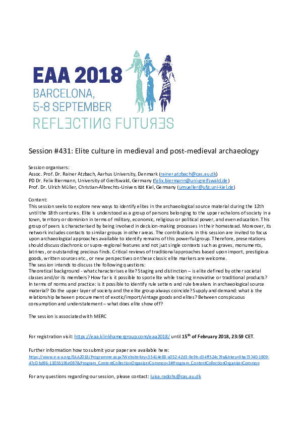 (PDF) Call for Papers: EAA 2018 Session 431: Elite culture in medieval and post-medieval archaeology