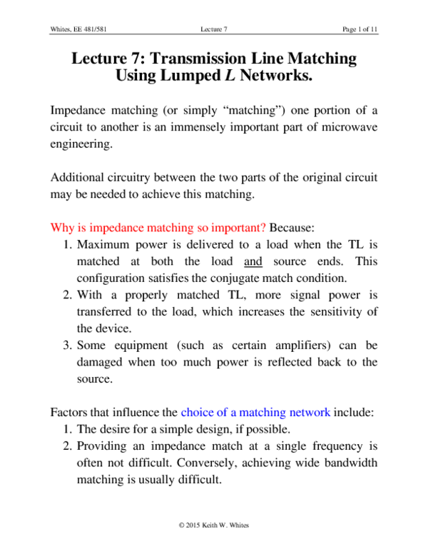 (PDF) Lecture 7: Transmission Line Matching Using Lumped L Networks