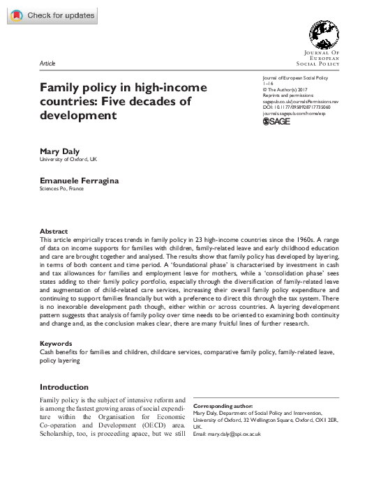 (PDF) Family policy in high-income countries: Five decades of development