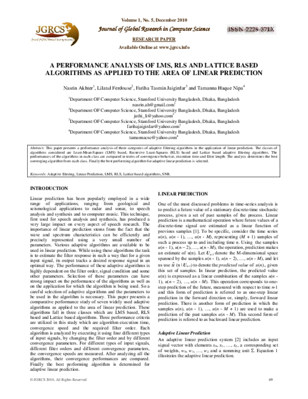 Pdf A Performance Analysis Of Lms Rls And Lattice Based Algorithms As Applied To The Area Of
