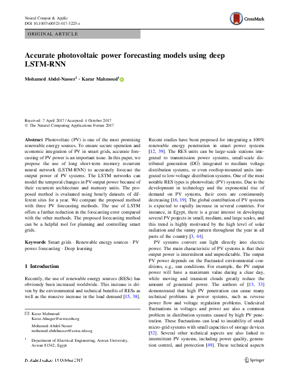 (PDF) Accurate photovoltaic power forecasting models using deep LSTM-RNN