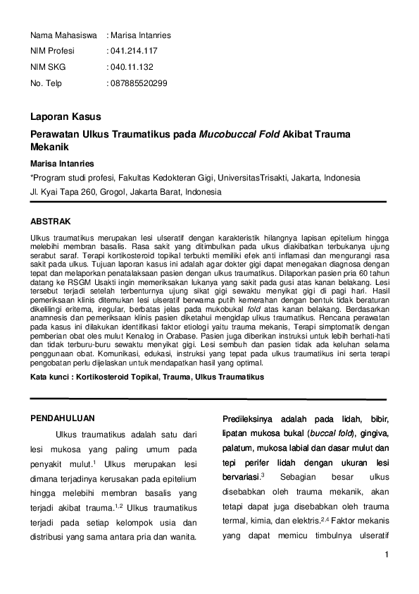 (DOC) Laporan Kasus Perawatan Ulkus Traumatikus pada Mucobuccal Fold Akibat Trauma Mekanik