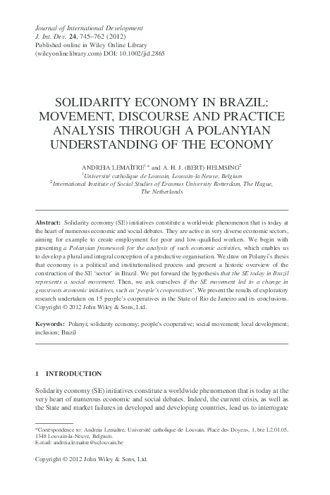 (PDF) SOLIDARITY ECONOMY IN BRAZIL: MOVEMENT, DISCOURSE AND PRACTICE ...
