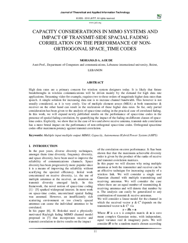 Pdf Capacity Considerations In Mimo Systems And Impact Of Transmit Side Spacial Fading