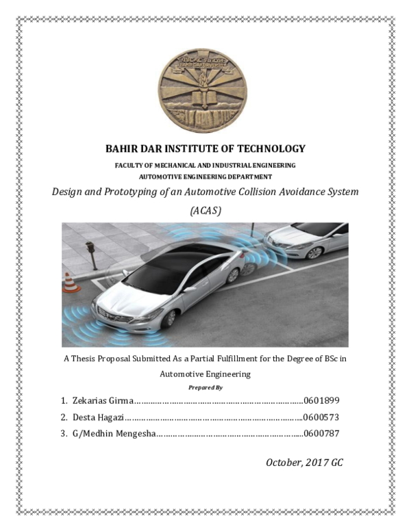 (DOC) BAHIR DAR INSTITUTE OF TECHNOLOGY Design and Prototyping of an Automotive Collision ...