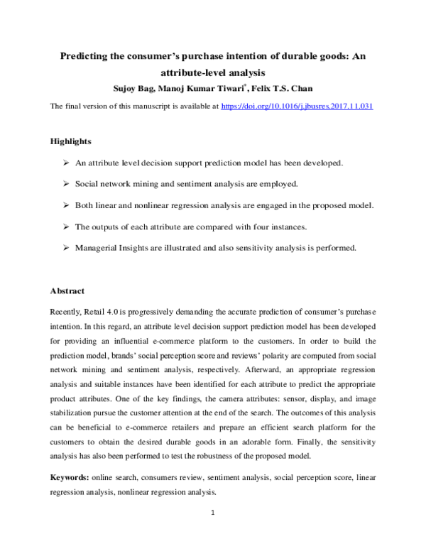 (PDF) Predicting the consumer's purchase intention of durable goods: An ...