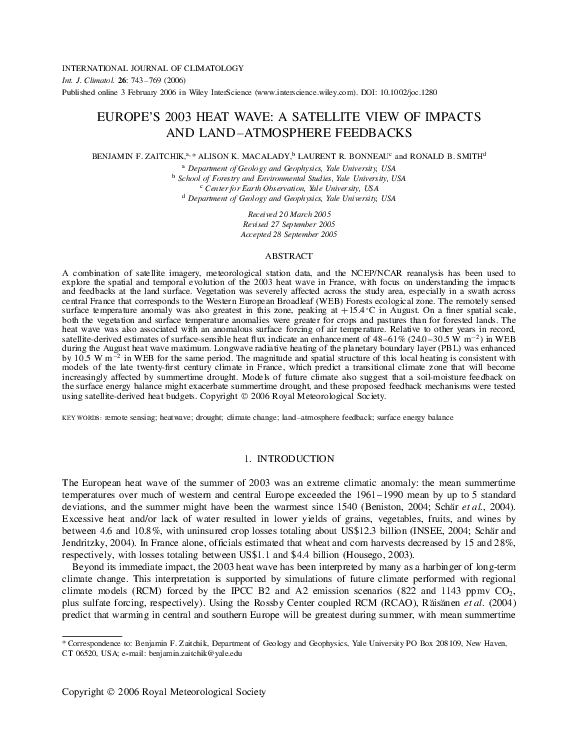 (PDF) Europe's 2003 Heat Wave: A Satellite View of Impacts and Land ...