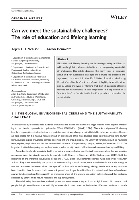 (PDF) Can we meet the sustainability challenges? The role of education ...