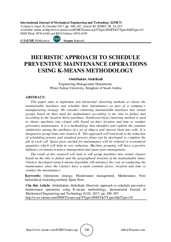 (PDF) HEURISTIC APPROACH TO SCHEDULE PREVENTIVE MAINTENANCE OPERATIONS USING K-MEANS METHODOLOGY