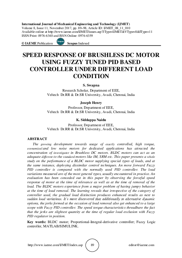 (PDF) SPEED RESPONSE OF BRUSHLESS DC MOTOR USING FUZZY TUNED PID BASED CONTROLLER UNDER ...