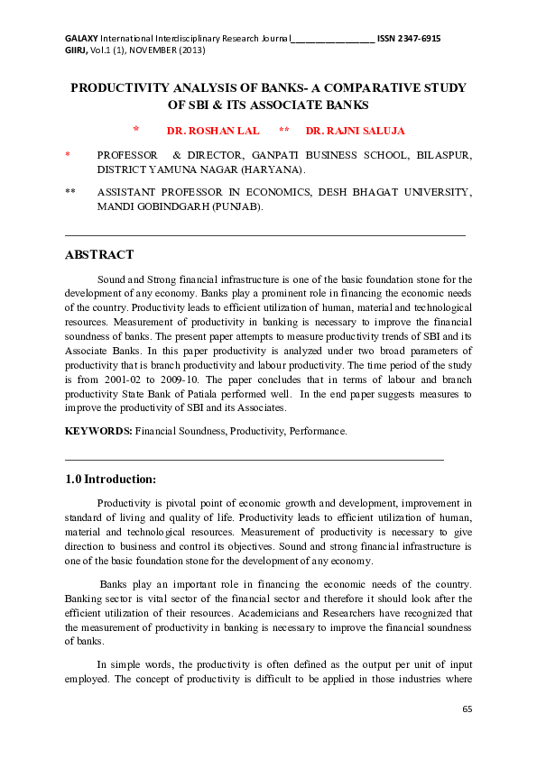 (PDF) PRODUCTIVITY ANALYSIS OF BANKS-A COMPARATIVE STUDY OF SBI & ITS ...