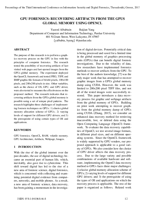 (PDF) GPU FORENSICS: RECOVERING ARTIFACTS FROM THE GPUS GLOBAL MEMORY USING OPENCL