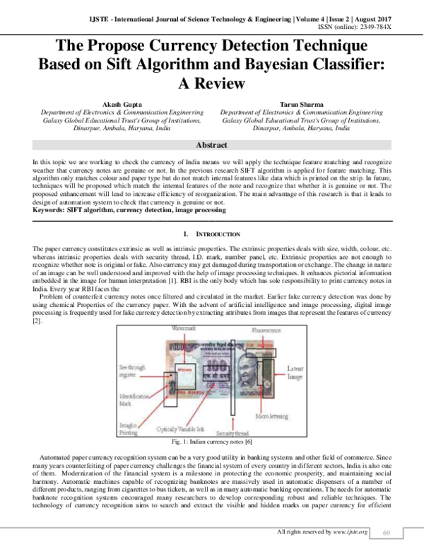 Pdf The Propose Currency Detection Technique Based On Sift Algorithm