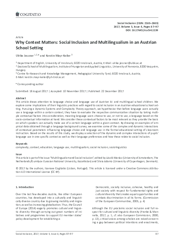 (PDF) Why Context Matters: Social Inclusion and Multilingualism in an Austrian School Setting