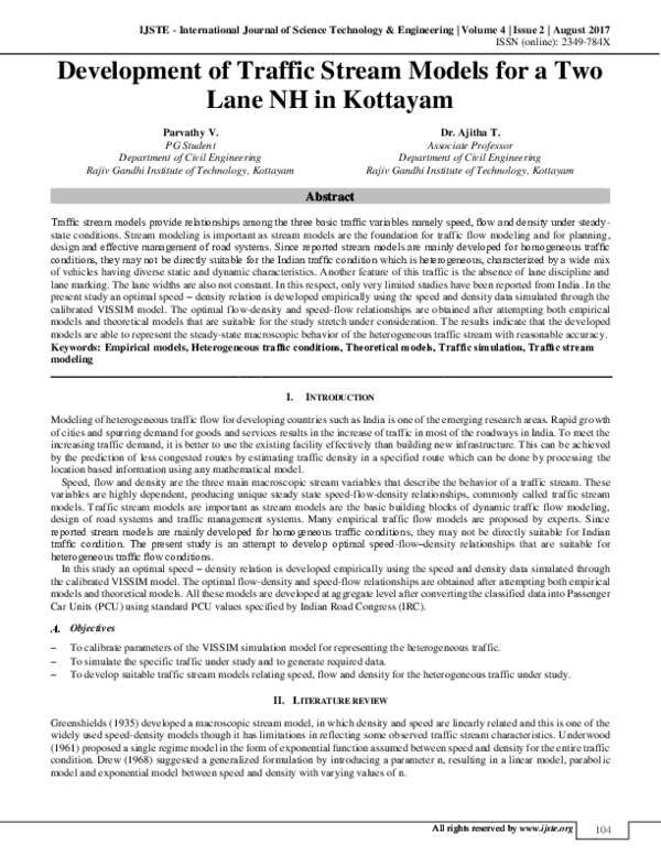 (PDF) Development of Traffic Stream Models for a Two Lane NH in Kottayam