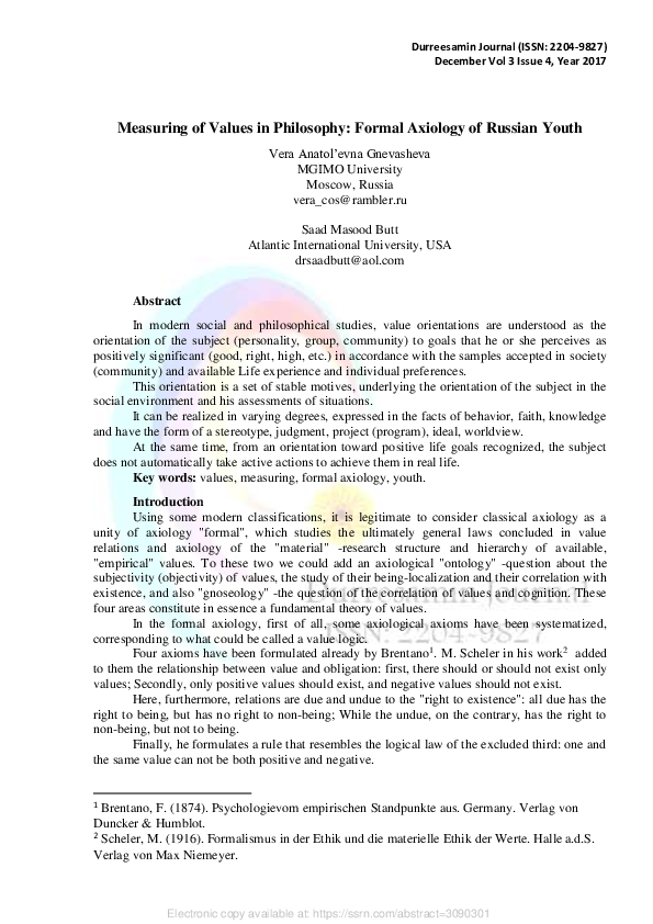 (PDF) Measuring of Values in Philosophy: Formal Axiology of Russian Youth
