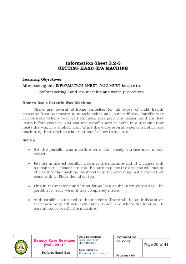 (PDF) Beauty Care Services (Nail) NC II Perform Hand Spa Date Developed ...