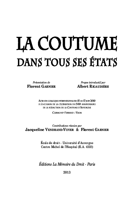 (PDF) La coutume dans tous ses états (à l'occasion du 500e anniversaire ...