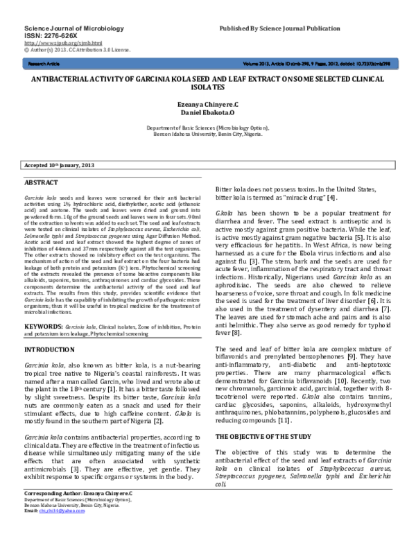 (PDF) Antibacterial activity of Garcinia kola seed and leaf extracts on some selected clinical ...