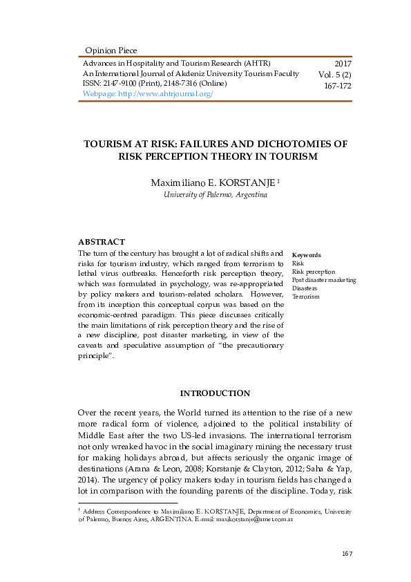 (PDF) TOURISM AT RISK: FAILURES AND DICHOTOMIES OF RISK PERCEPTION ...
