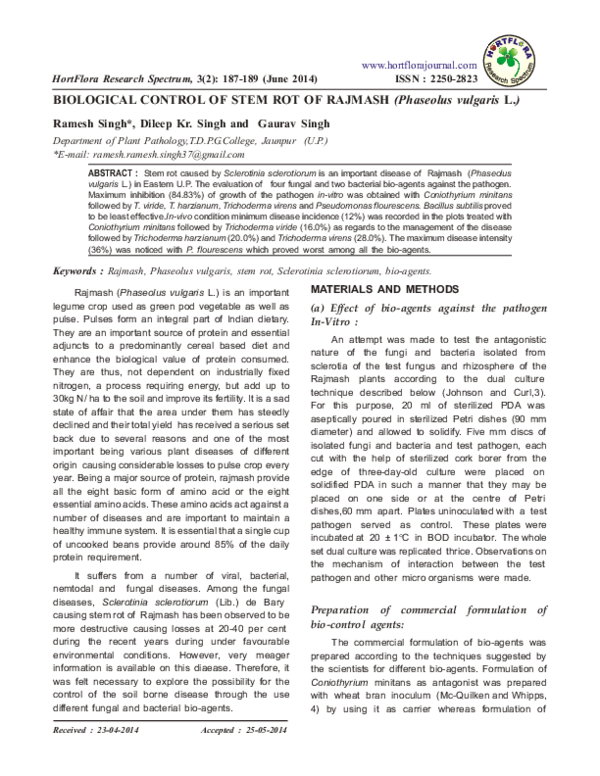 (PDF) BI O LOG I CAL CON TROL OF STEM ROT OF RAJMASH (Phaseolus vulgaris L