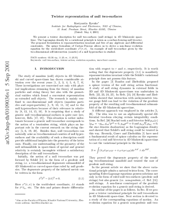 (PDF) Twistor representation of null two-surfaces