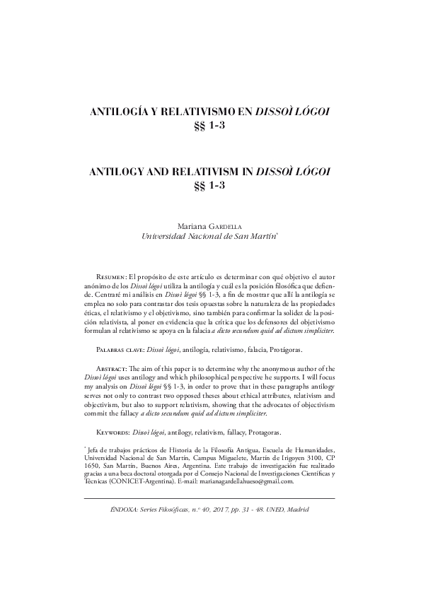 (PDF) "Antilogía y relativismo en Dissoì lógoi §§ 1-3". Éndoxa, n. 40 ...