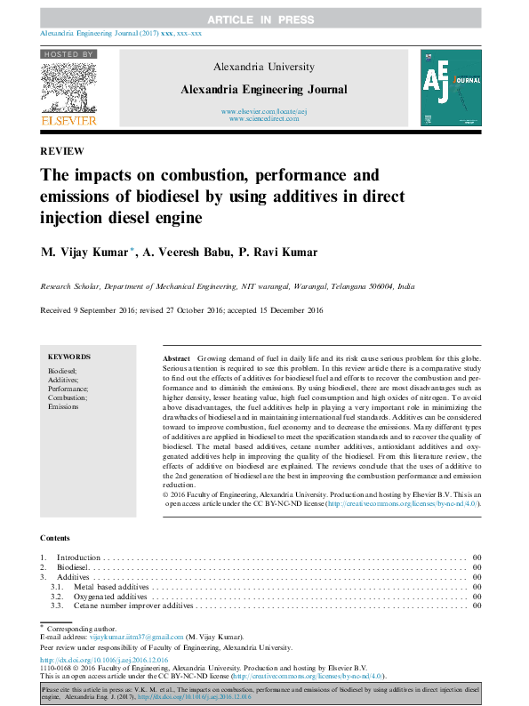 Pdf The Impacts On Combustion Performance And Emissions Of Biodiesel By Using Additives In