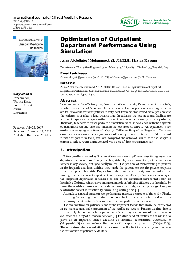 Pdf Optimization Of Outpatient Department Performance Using Simulation
