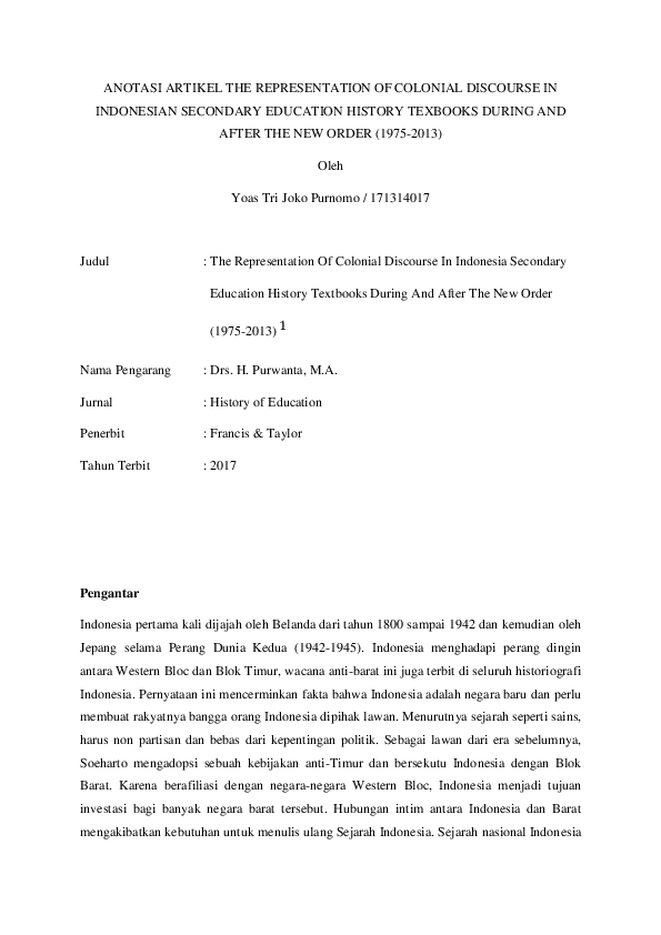 (DOC) THE REPRESENTATION OF COLONIAL DISCOURSE IN INDONESIAN SECONDARY ...