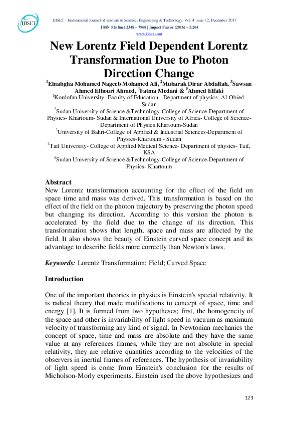 (PDF) New Lorentz Field Dependent Lorentz Transformation Due to Photon ...