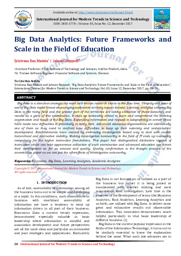 (PDF) Big Data Analytics: Future Frameworks and Scale in the Field of Education