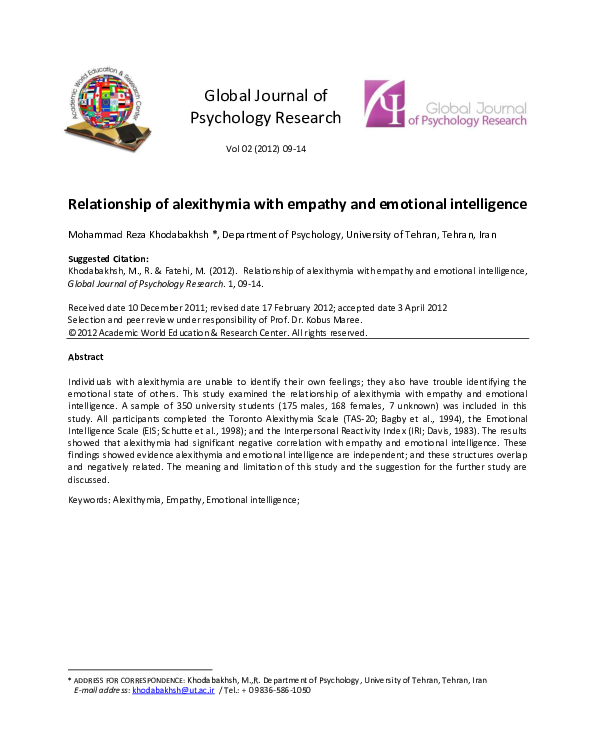 (PDF) Relationship of alexithymia with empathy and emotional intelligence