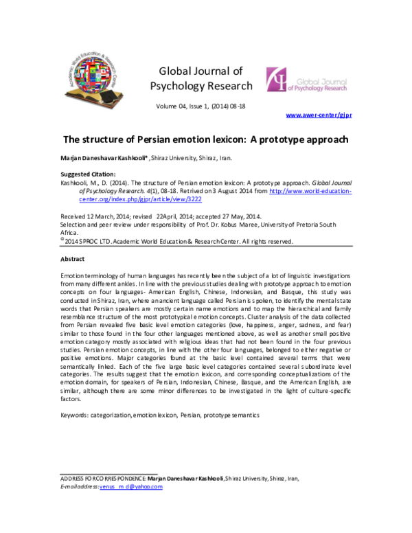 Pdf The Structure Of Persian Emotion Lexicon A Prototype Approach