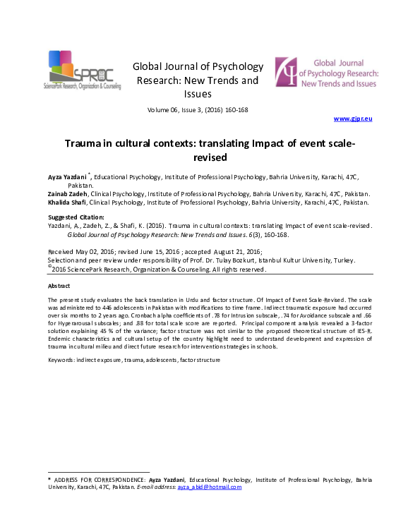 (PDF) Trauma in cultural contexts: translating Impact of event scale ...