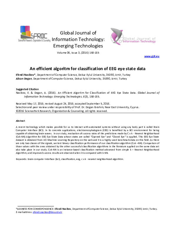 Pdf An Efficient Algoritm For Classification Of Eeg Eye State Data