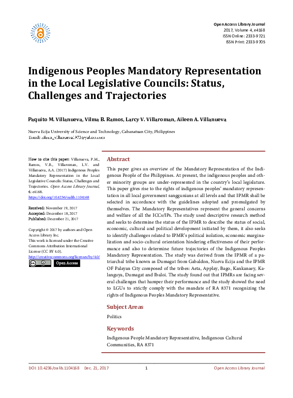 (PDF) Indigenous Peoples Mandatory Representation in the Local ...