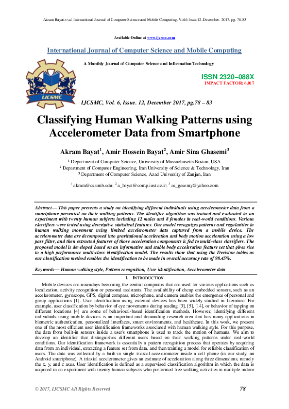 Pdf Classifying Human Walking Patterns Using Accelerometer Data From
