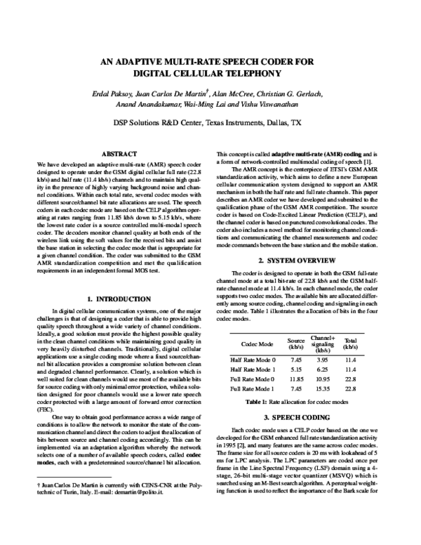 Pdf An Adaptive Multi Rate Speech Coder For Digital Cellular Telephony